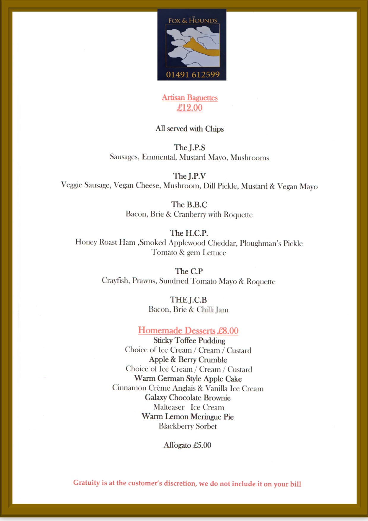 Menus | Fox & Hounds